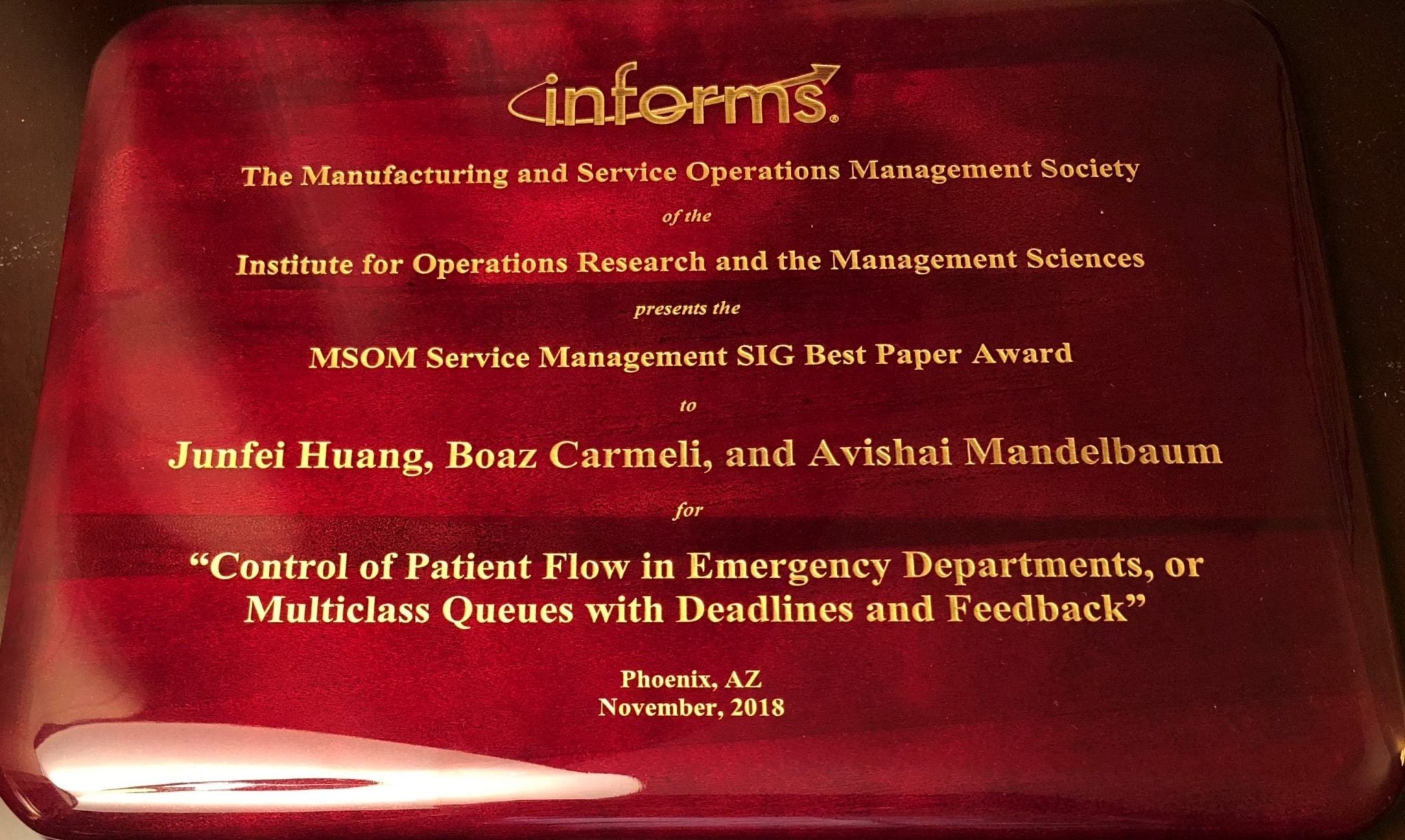 Dr Junfei Huang – MSOM Service Management SIG Best Paper Award (INFORMS ...